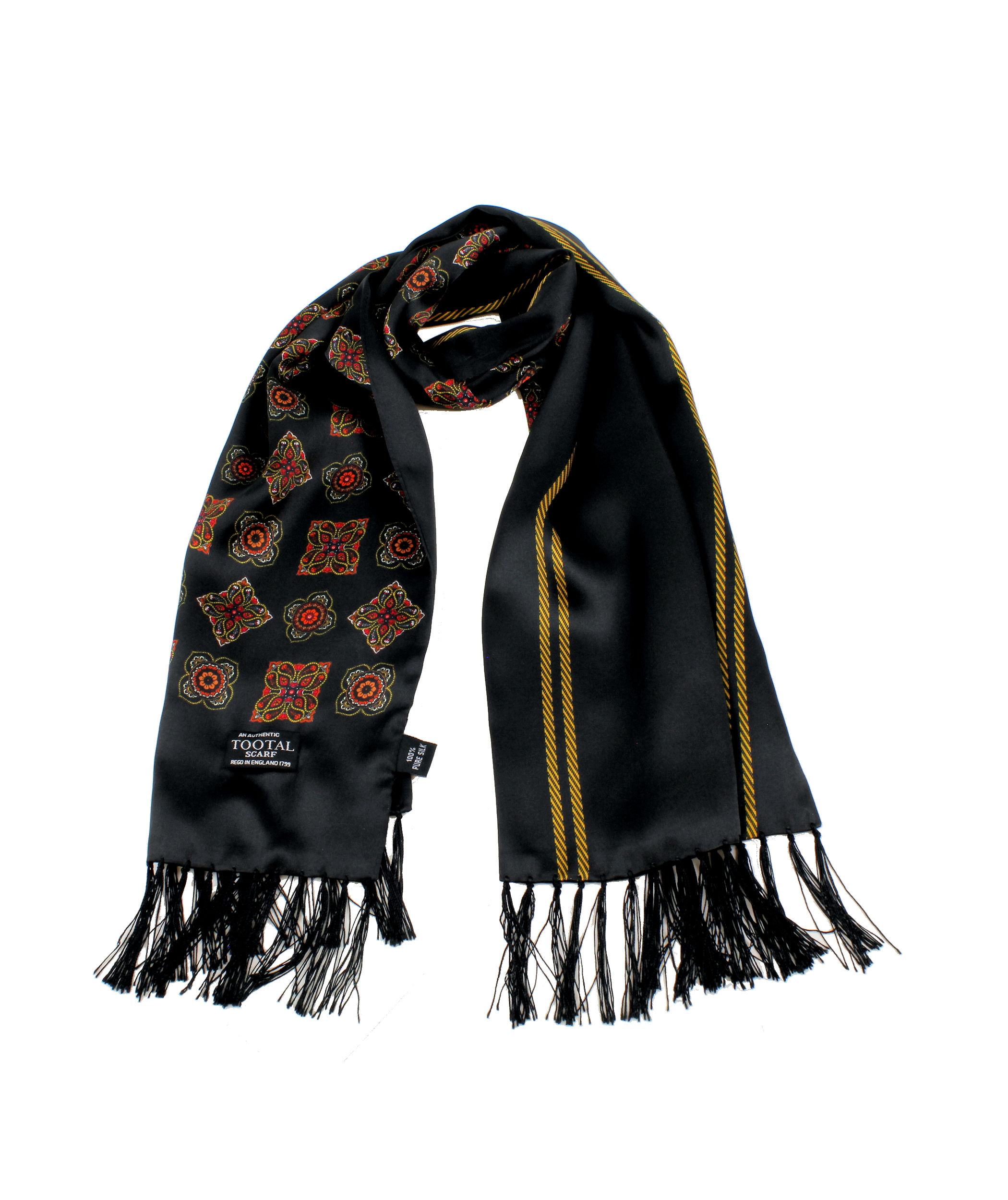 Tootal Black Motif Border Design Reversable Silk Scarf - Viyella
